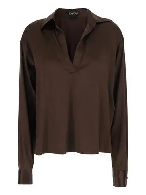 TOM FORD Silk Blouse With Wide Pointed Collar - Brown
