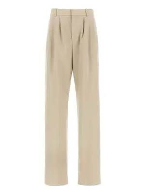 Saint Laurent Pleated Wide Leg Wool Trousers - Cream