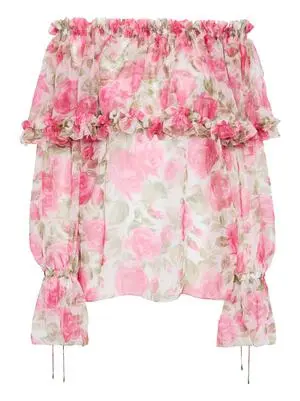 CHLOÉ CHLOE Off-the-Shoulder Puff-Sleeve Top In Floral Silk Mousseline
