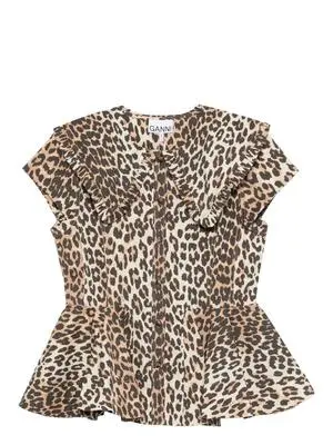 GANNI Leopard Print Organic Cotton Peplum Shirt - Multicolor