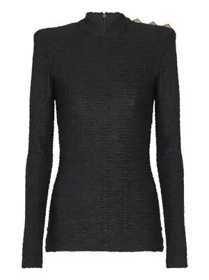 Balmain Monogram High-neck Bouclette Top With Shoulder Buttons - Multicolor