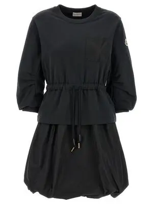 Moncler Two-material Dress With Drawstring Waist And Balloon Skirt - Black