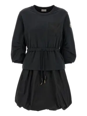 Moncler Two-material Dress With Drawstring Waist And Balloon Skirt - Black