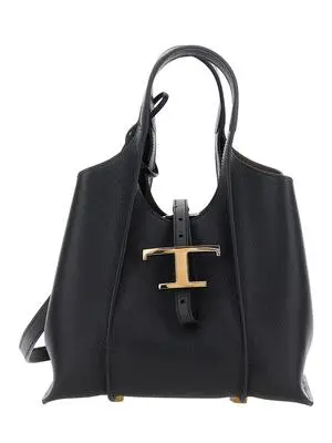 TOD'S Black Hammered Leather Logo Plate Tote Bag - Multicolor