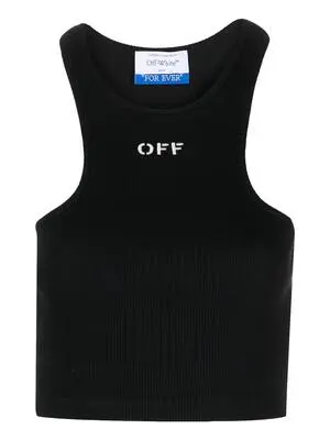 Off-White Cropped Ribbed Top With Logo Detail - Black