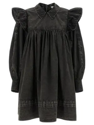 GANNI GANNI Washed Cotton Mini Shirt Dress With Ruffles Black