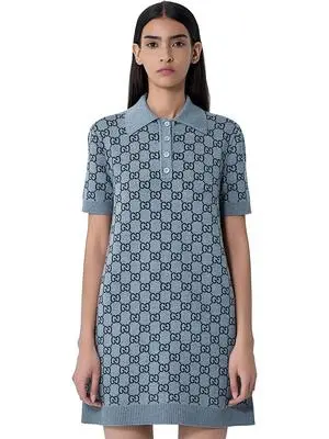 Gucci Wool Knit All-over Logo Polo Mini Dress - Gray