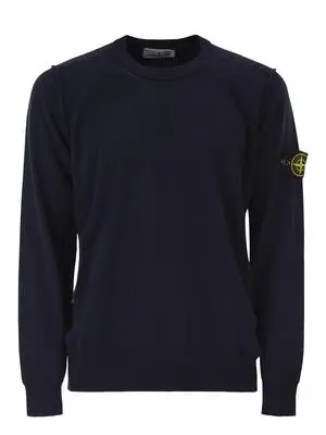 Stone Island Crew Neck Jumper With Small Lapel In Organic Cotton - Blue