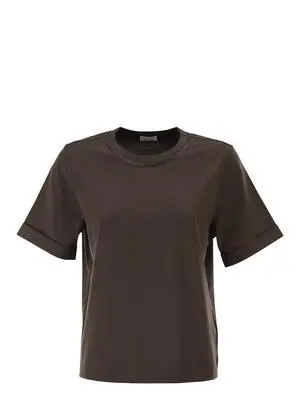 Brunello Cucinelli Brunello Cucinelli Cotton Jersey T-Shirt With Embellished Crew Neck Brown