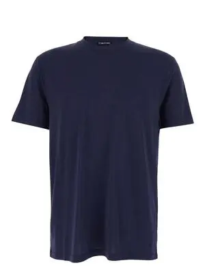 TOM FORD Blue Crew Neck T-shirt With Logo Embroidery On The Front In Cotton Blend - Multicolor