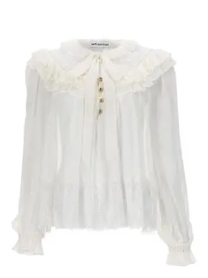 SELF-PORTRAIT Georgette Blouse With Ruffles And Pussy Bow - White