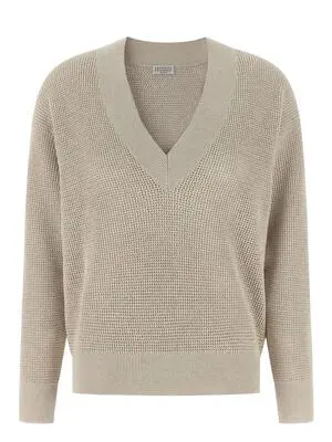 Brunello Cucinelli BRUNELLO CUCINELLI Openwork Cotton V-Neck Sweater Multicolor