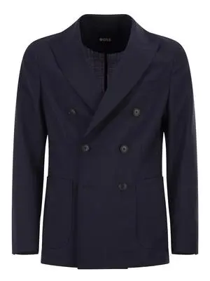 BOSS Double-breasted Blazer In Virgin Wool - Blue