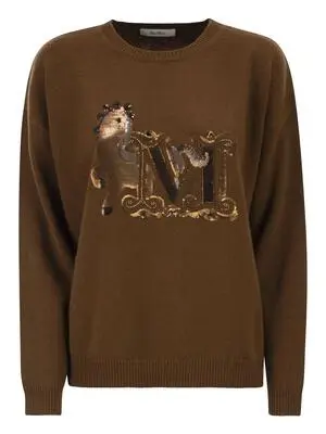 Max Mara Max Mara Oversized Wool And Cashmere Jumper With Embroidered Monogram Brown