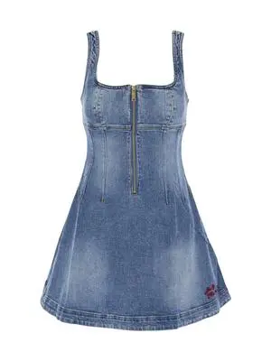 SELF-PORTRAIT Denim Dress With Front Zip And Embroidered Logo - Multicolor
