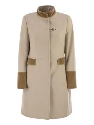 FAY FAY Wool Blend Coat With Velvet Trims Cream