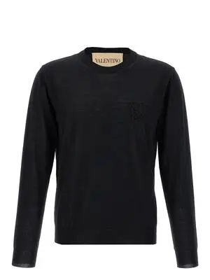 Valentino Garavani Crew Neck Logo Embroidered Sweater - Black