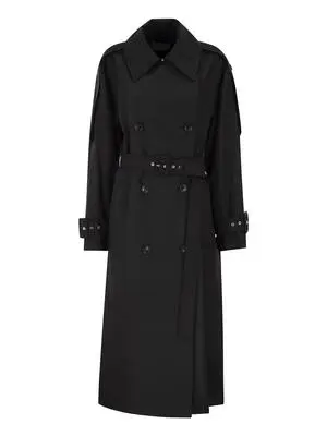 Sportmax Long Trench Coat In Water-repellent Twill - Black