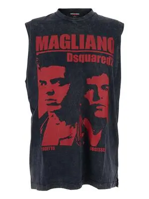 Dsquared2 X Magliano' Black Crew Neck Top With Logo Lettering And Front Print In Cotton - Multicolor