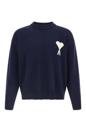 Ami Wool Cotton Blend De Coeur Crew Neck Sweater - Blue