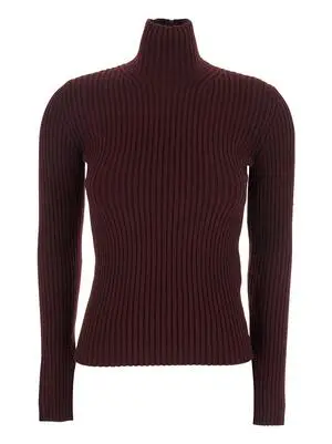 MAX MARA Max Mara Bordeaux Ribbed Wool Blend Turtleneck Sweater