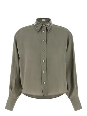 Brunello Cucinelli Linen Shirt With Sequin Collar - Green