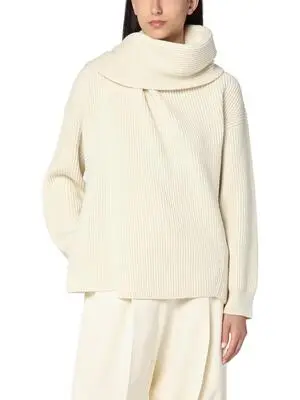 JIL SANDER Wool Sweater With Scarf Detail - Cream