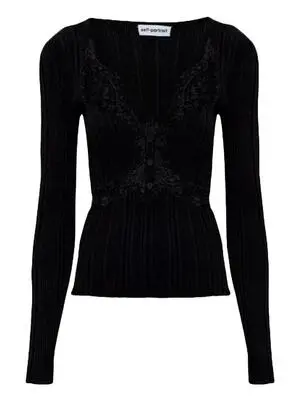 SELF-PORTRAIT Lace Trimmed Ribbed Knit Top - Multicolor