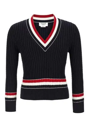 Thom Browne Rwb Intarsia V-neck Sweater - Blue