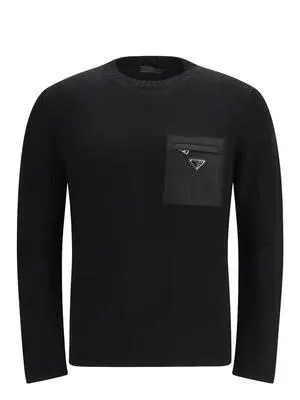 Prada Ribbed Wool Pullover With Pocket Detail - Black