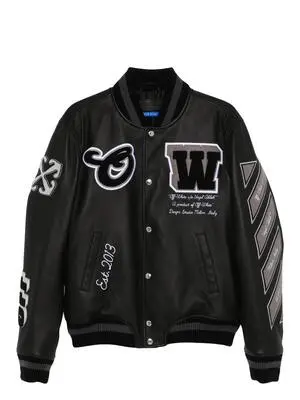Off-White Leather Bomber Jacket With Logo Appliqu - Black