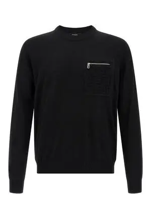Fendi Wool Sweater With Embossed Ff Logo Pocket - Black