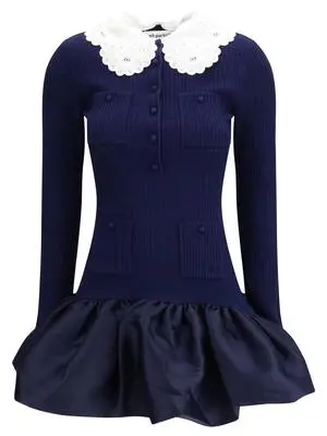 SELF-PORTRAIT Knit Taffeta Mini Dress - Blue