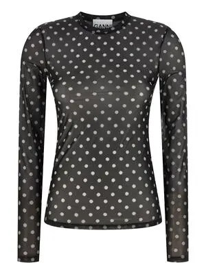 GANNI GANNI Printed Sheer Crew Neck Long Sleeve Sweater Black