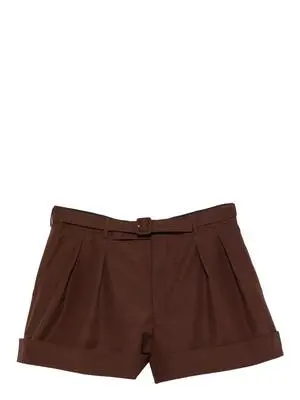Saint Laurent Belted Pleated Wool Blend Shorts - Brown