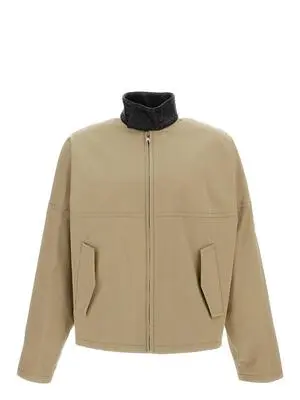 Bottega Veneta Beige Cotton Jacket With Leather Intrecciato Collar - Multicolor