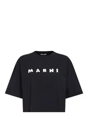 Marni Black Jersey Cropped T-shirt With Scribbled Logo - Multicolor