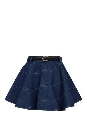 SELF-PORTRAIT Belted Flared Denim Mini Skirt - Multicolor
