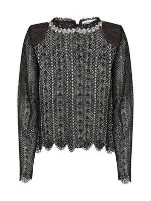 SELF-PORTRAIT Self-Portrait Black Organza Lace Crystal-Embellished Top