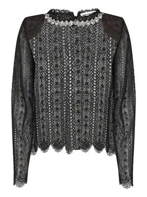SELF-PORTRAIT Self-Portrait Black Organza Lace Crystal-Embellished Top