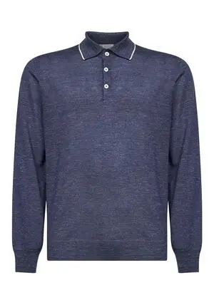 Brunello Cucinelli Avio Blue Cashmere, Silk And Hemp Knit Polo Shirt - Multicolor