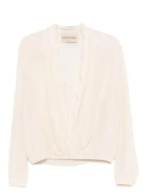 Valentino Garavani Off-white Silk Lace Trim Long Sleeve Blouse - Cream