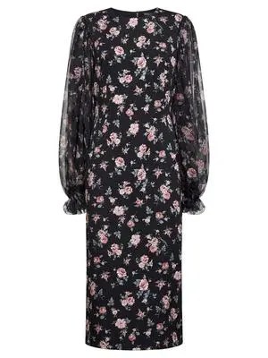 Dolce & Gabbana Black Vintage Rose Printed Charmeuse Midi Dress - Multicolor