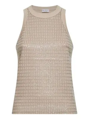 Brunello Cucinelli Ribbed Crewneck Halterneck Top With Sequin Embroidery - Multicolor