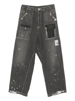 Mihara Yasuhiro Grey Pinstriped Wide-leg Jeans With Paint Splatter Detail - Gray