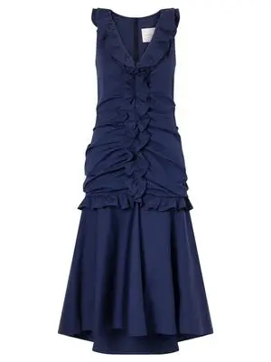 Carolina Herrera Ruched Ruffled Cotton-blend Midi Dress - Blue