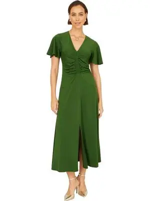 YUMI Ruched Front Stretch Midi Dress - Green