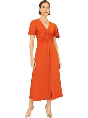 YUMI Ruched Front Stretch Midi Dress - Orange