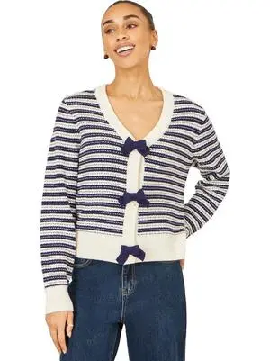 YUMI Stripe Bow Detail V-neck Cardigan - Navy