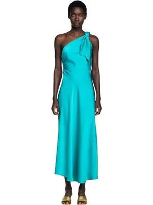 SANDRO Sandro Satin-Effect Maxi Dress With Asymmetrical Cut And Bow Detail